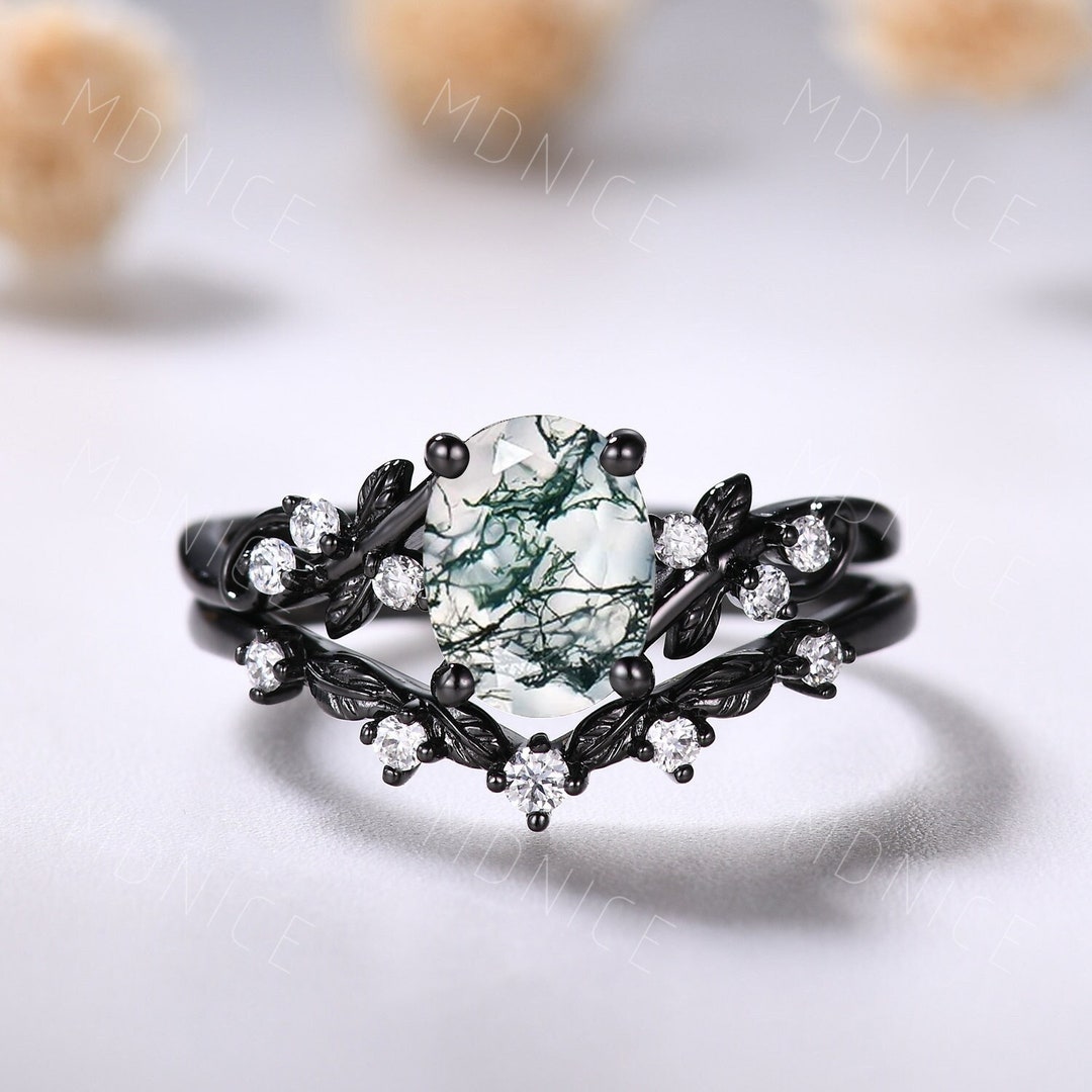 Black Gold Vintage Oval Moss Agate Engagement Ring Set,unique Twig Leaf ...