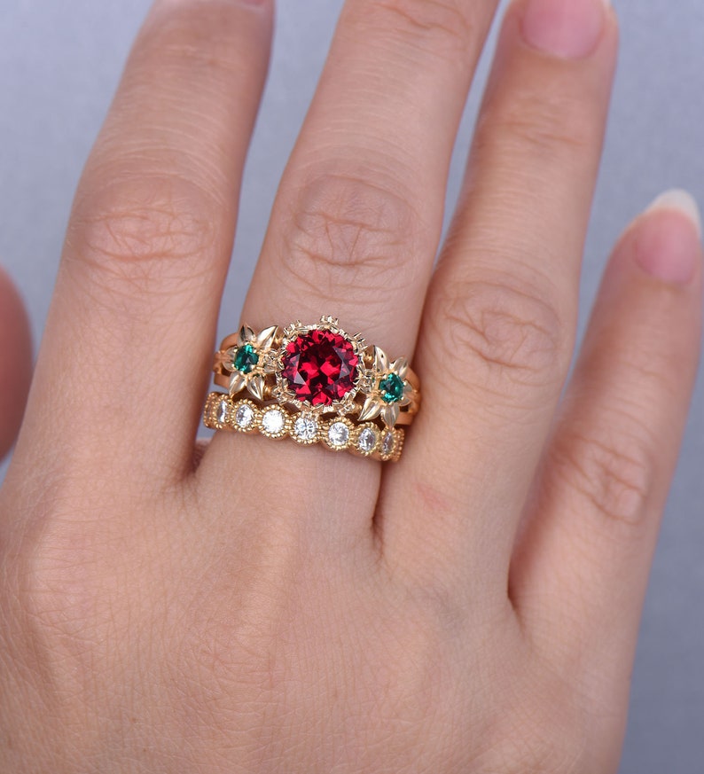 Vintage Ruby Wedding Ring Set Unique Floral Ring 14K Yellow - Etsy