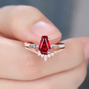 Gothic Coffin Shaped Ruby Wedding Ring Set & Marquise Cut Black Quartz ...