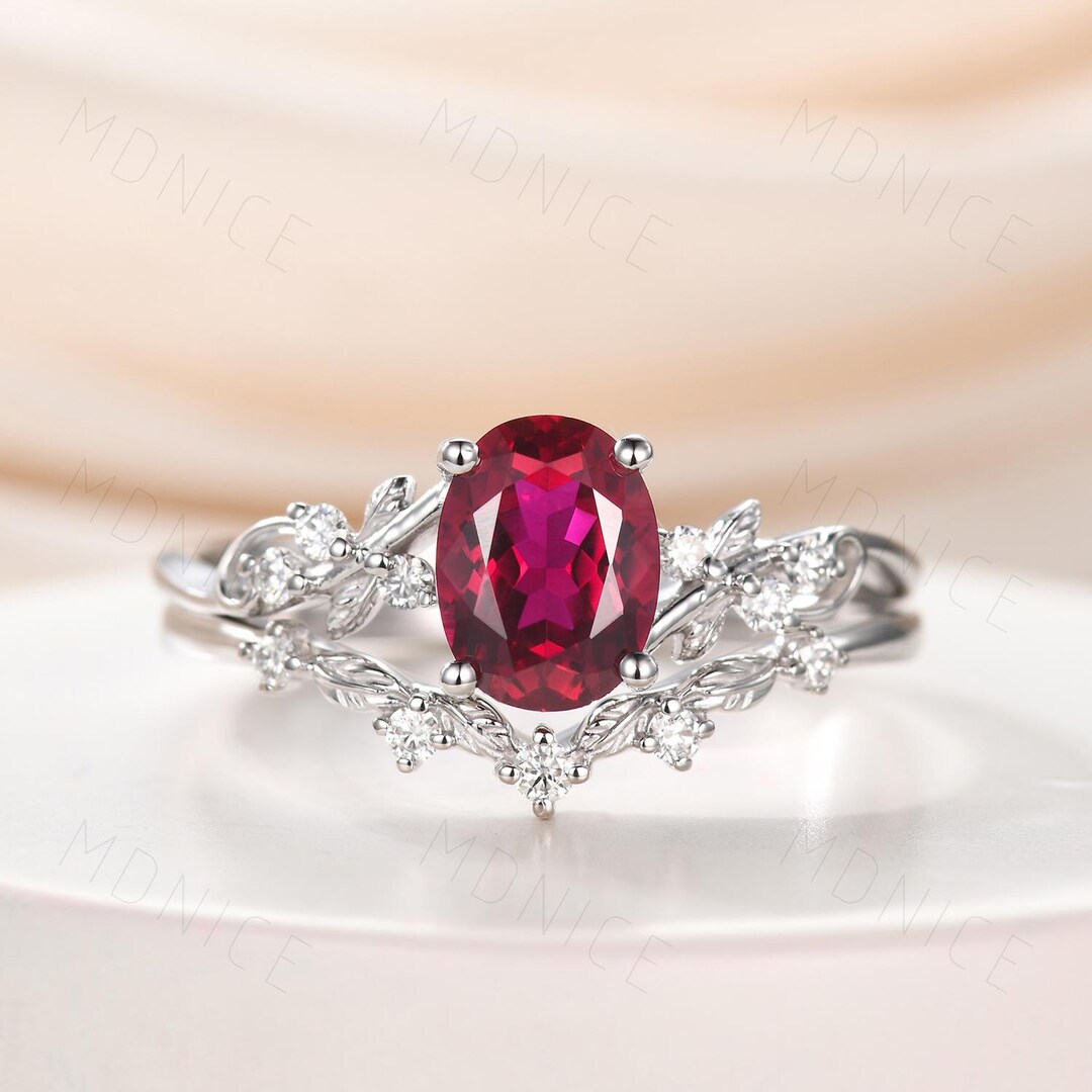 Leaf Ruby Ring Set: Gothic Oval Moissanite Bridal Set - Etsy