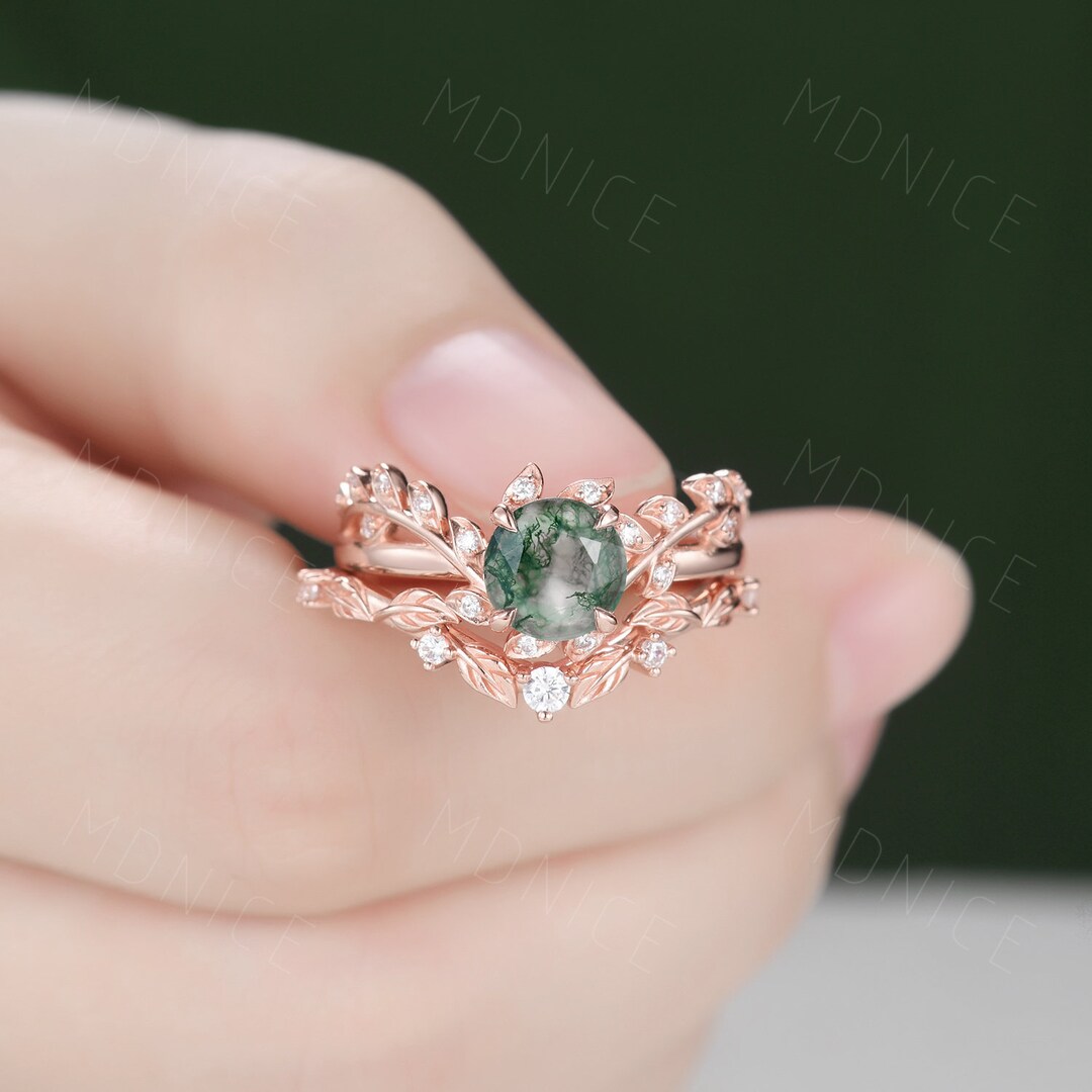 Rose Gold Vintage 7mm Round Moss Agate Engagement Ring Set,unique Leaf ...