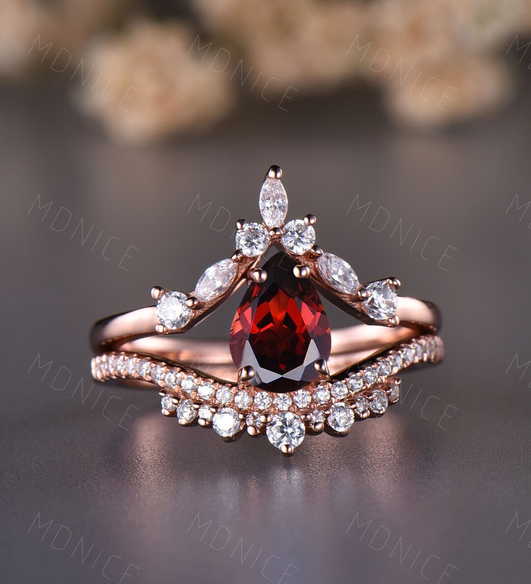 Pear Shaped Garnet Engagement Ring Vintage Rose Gold Wedding Ring Set ...