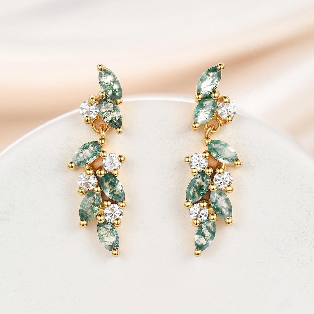 Marquise Agate Round Moissanite Cluster Earrings Solid Gold Moss Agate ...