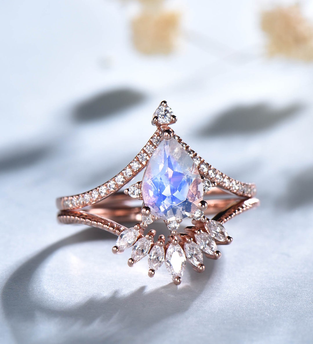 Antique Moonstone Wedding Set: Rose Gold Engagement Ring - Etsy