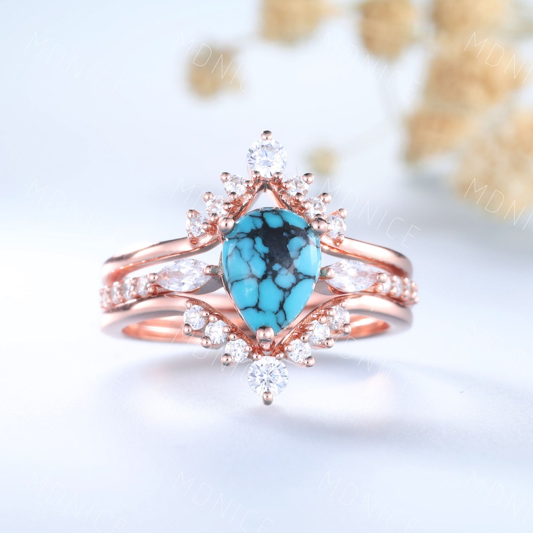 Pear Turquoise Engagement Ring Set: Vintage Wedding Band, Sterling ...