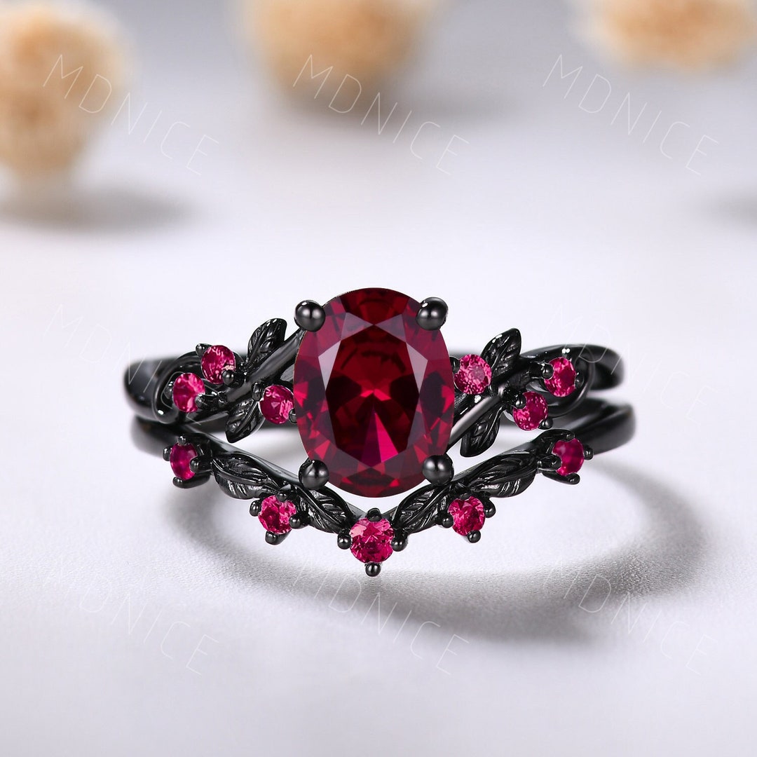 Nature Inspired Leaf Ruby Ring Set, Gothic Oval Cut Ruby Engagement ...