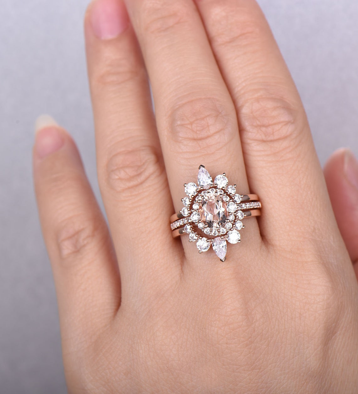 Morganite Wedding Ring Set 3PCS Bridal Set Vintage Morganite | Etsy