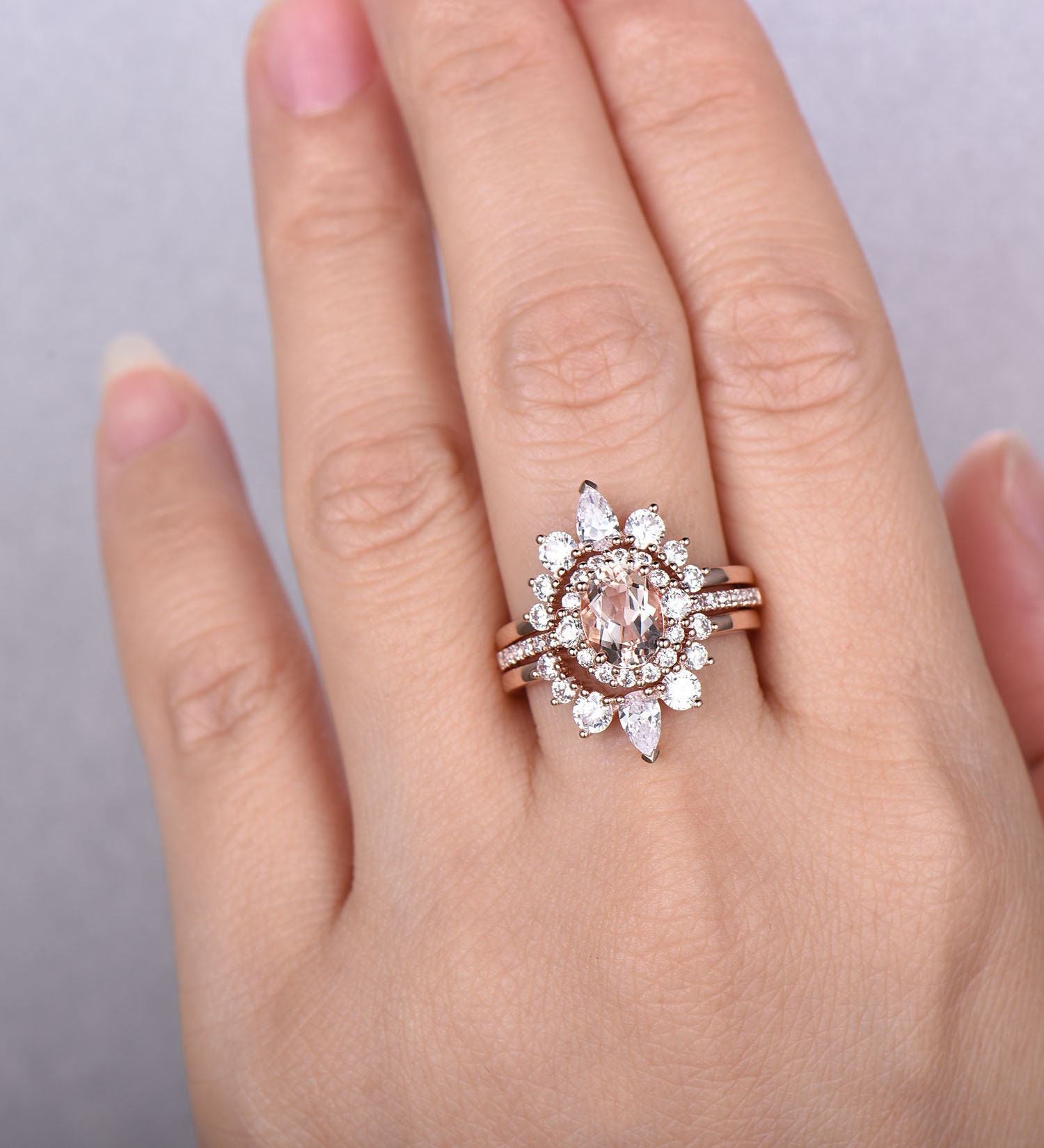 Morganite Wedding Ring Set 3PCS Bridal Set Vintage Morganite | Etsy