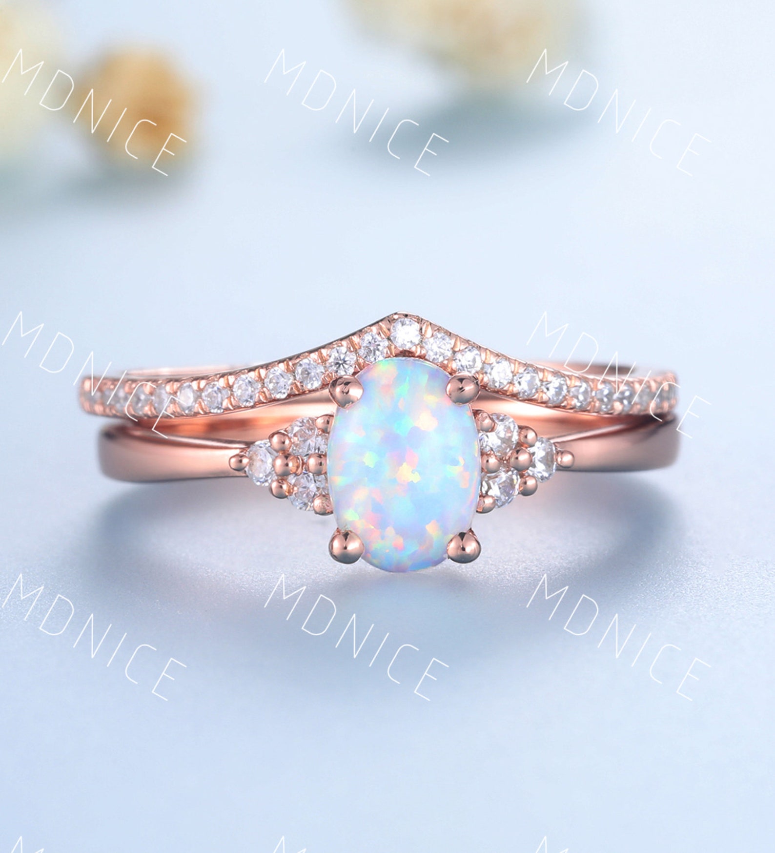 Oval Opal Engagement Ring Set Rose Gold Opal Ring White Fire | Etsy