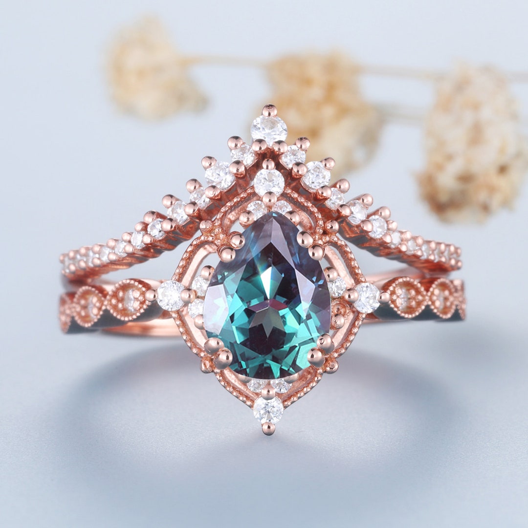 Alexandrite Ring, Rose Gold Alexandrite Engagement Ring Set, Color ...