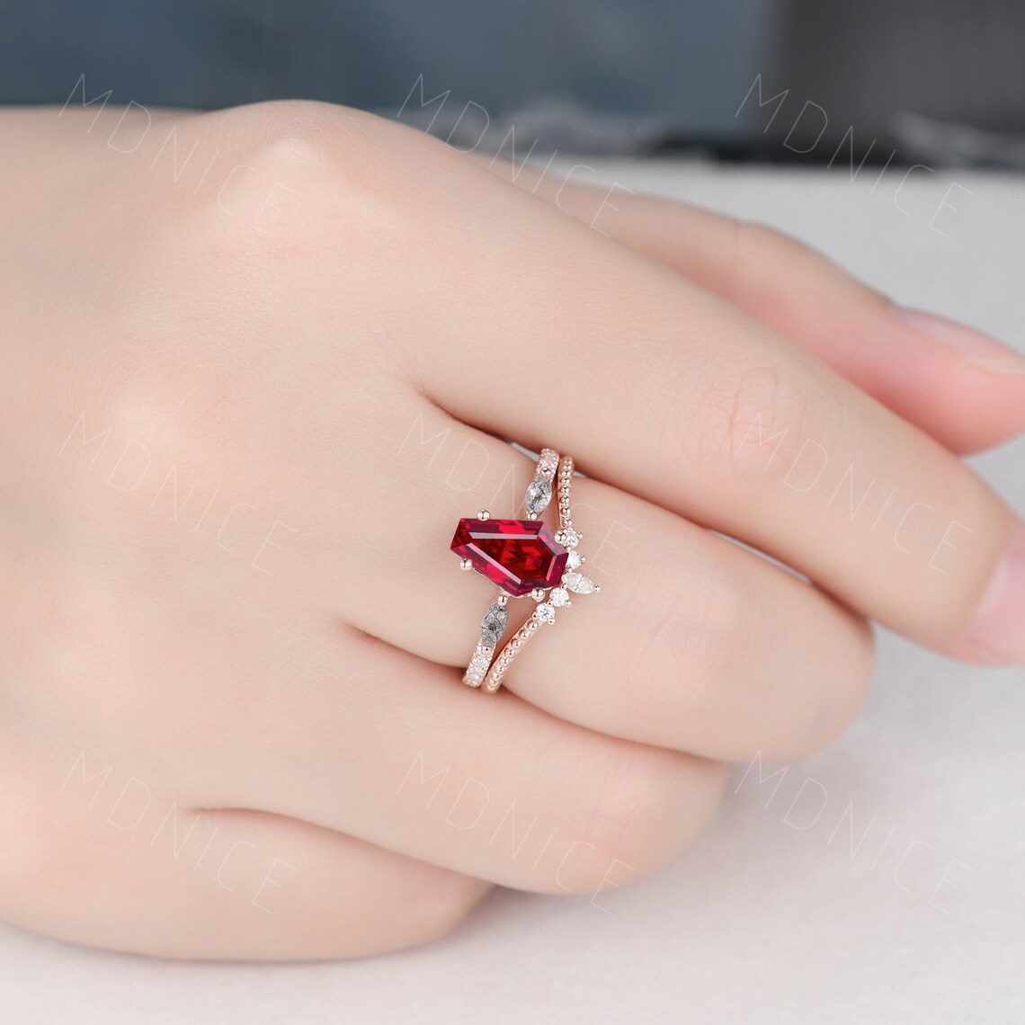 Gothic Coffin Ruby Ring Set: Marquise Black Quartz, 14k Rose Gold - Etsy