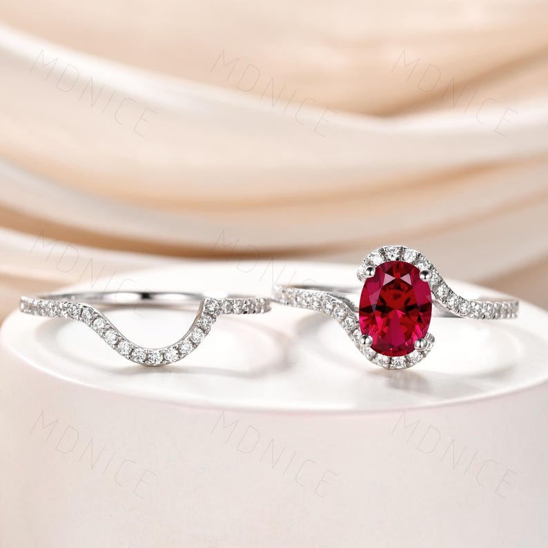 Ruby Ring, July Birthstone Ring, Ruby Wedding Ring Set, Oval Ruby ...