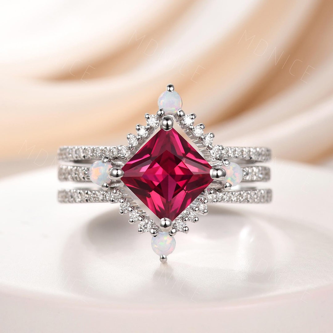 Princess Cut Ruby Engagement Ring Set: Silver Opal Wedding Band - Etsy