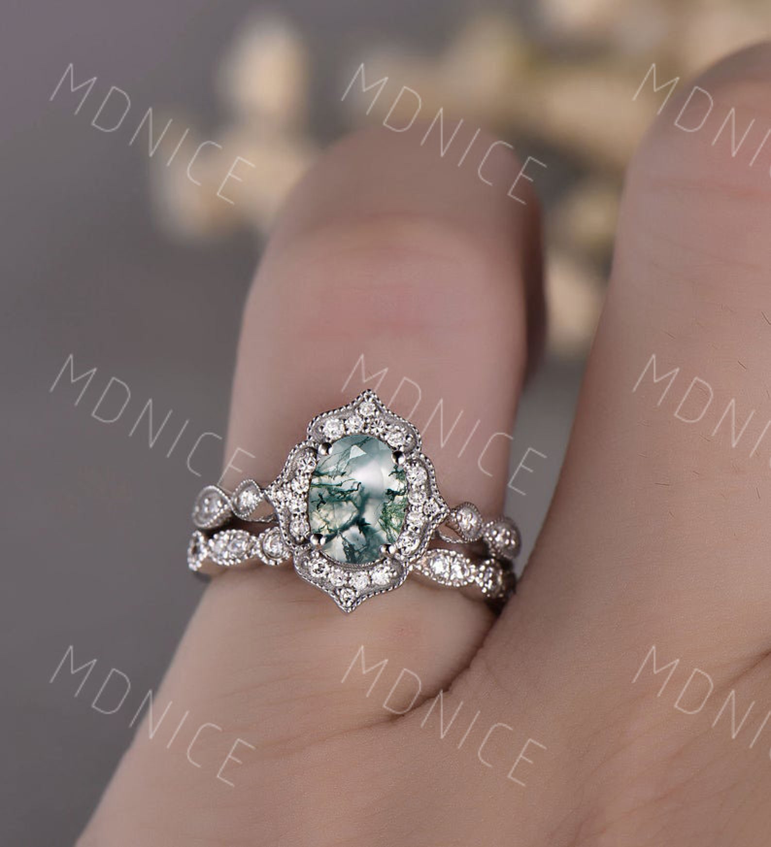 Vintage Moss Agate Wedding Ring Set Oval Moss Agate Engagement - Etsy