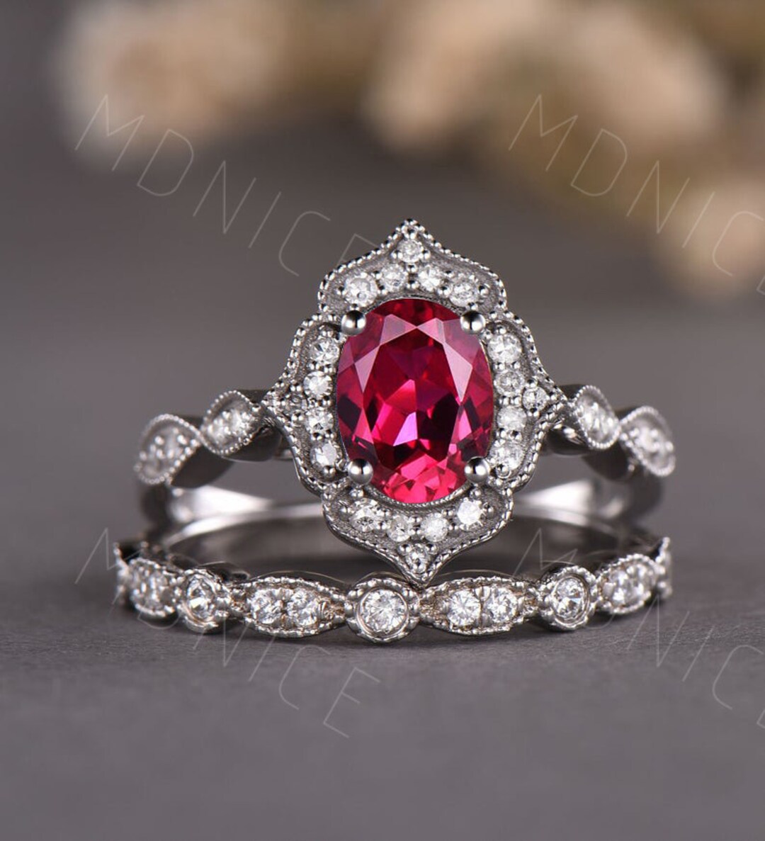 Vintage Ruby Engagement Ring, Art Deco Promise Bridal Set, Oval Ruby ...