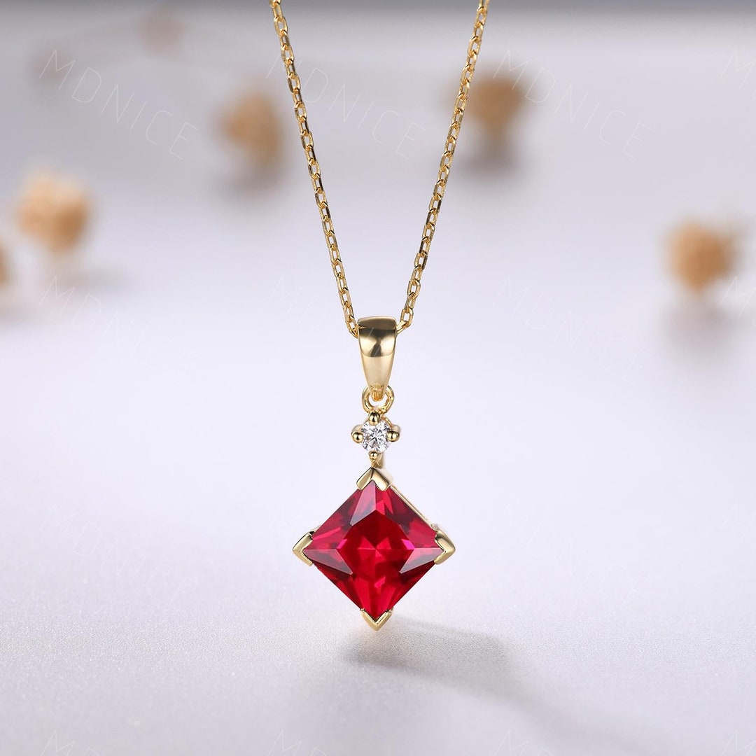 Unique Lab Ruby Princess Cut Necklace Yellow Gold 3CT 8mm Princess July ...