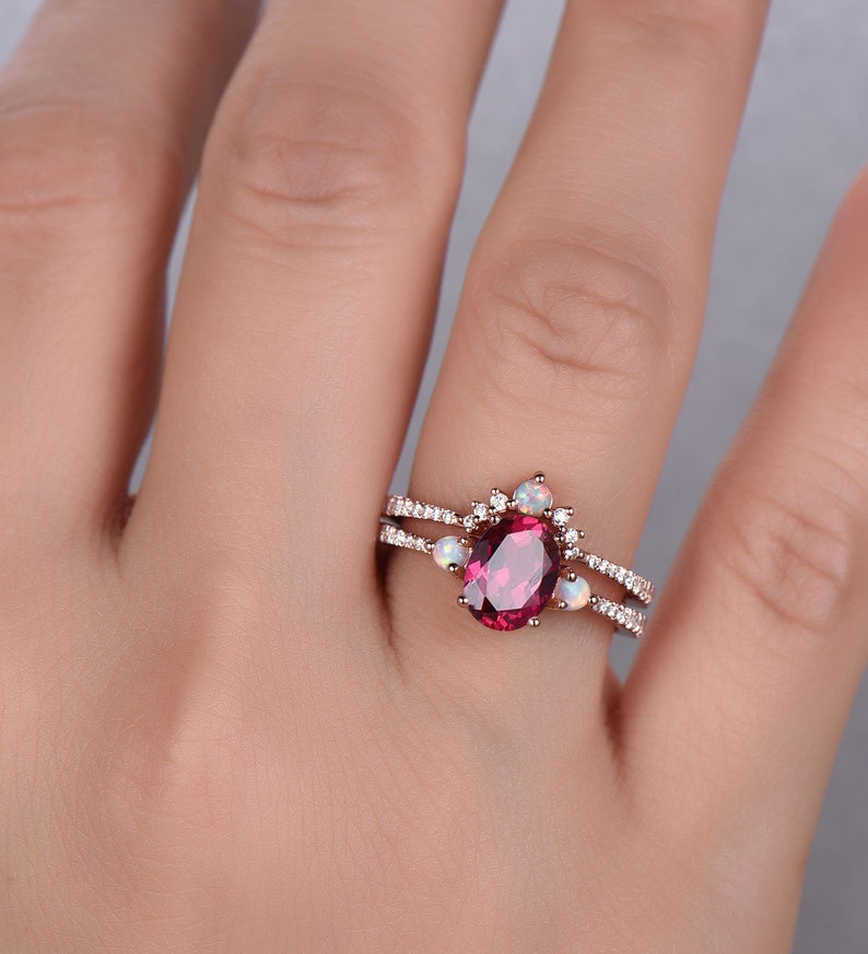 Ruby Ring Rose Gold Ruby Opal Wedding Ring Set July - Etsy