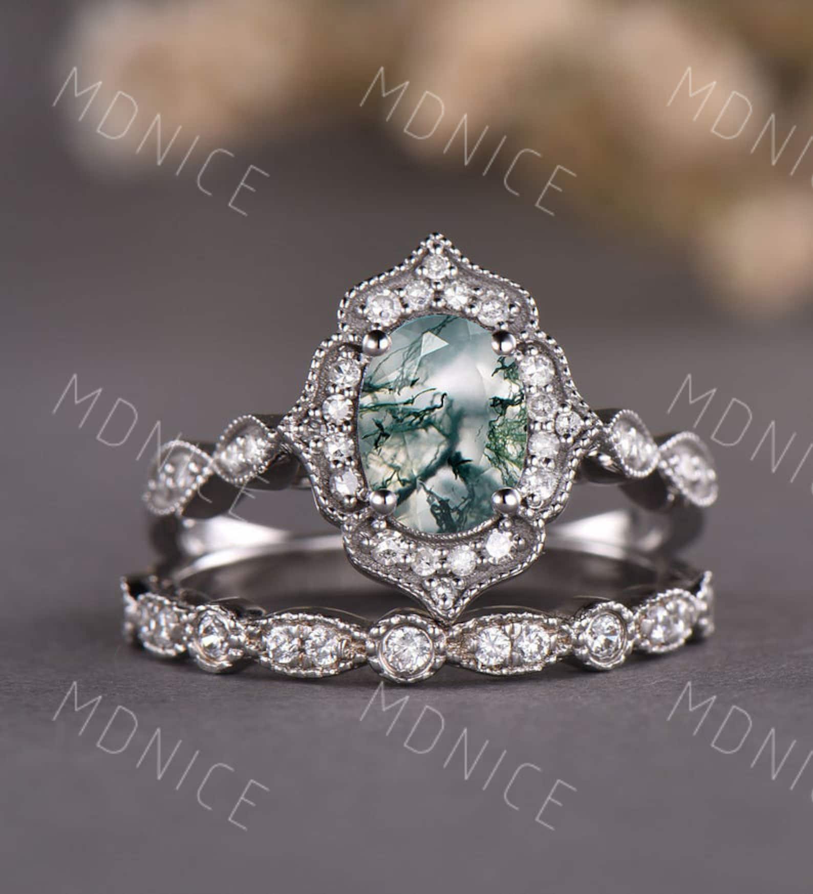 Vintage Moss Agate Wedding Ring Set Oval Moss Agate Engagement - Etsy