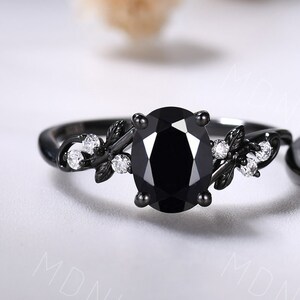 Rhodium Black Gold Oval Onyx Bridal Set, Witchy Black Onyx Vine Promise Wedding Ring Women, Punk ...