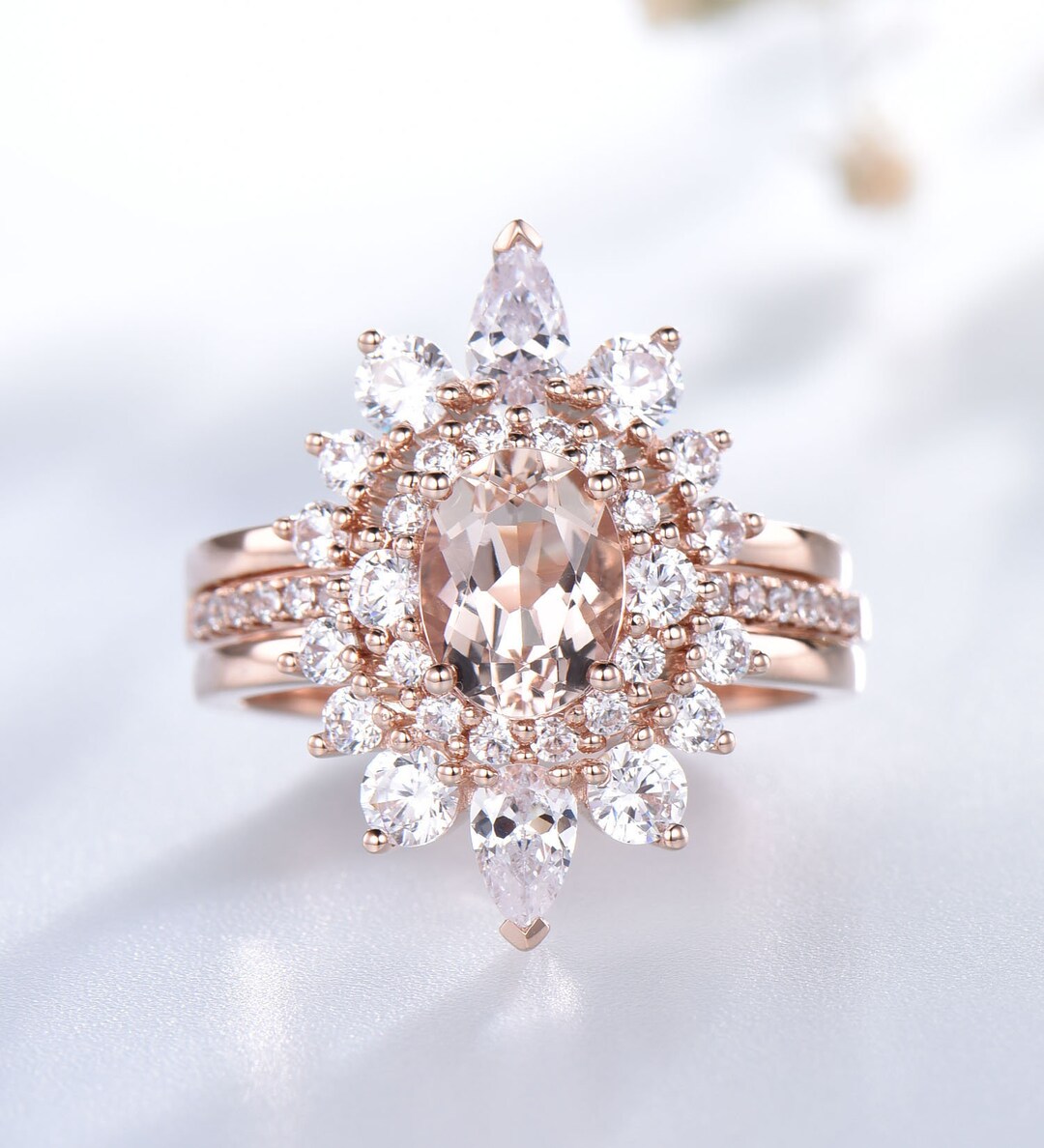 Morganite Wedding Ring Set 3PCS Bridal Set Vintage Morganite Engagement ...