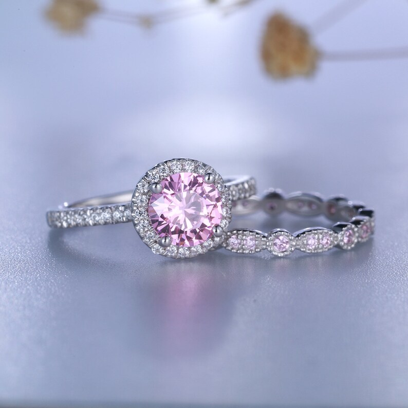 Pink Diamond Ring Set Halo Pink Diamond Simulated Engagement | Etsy