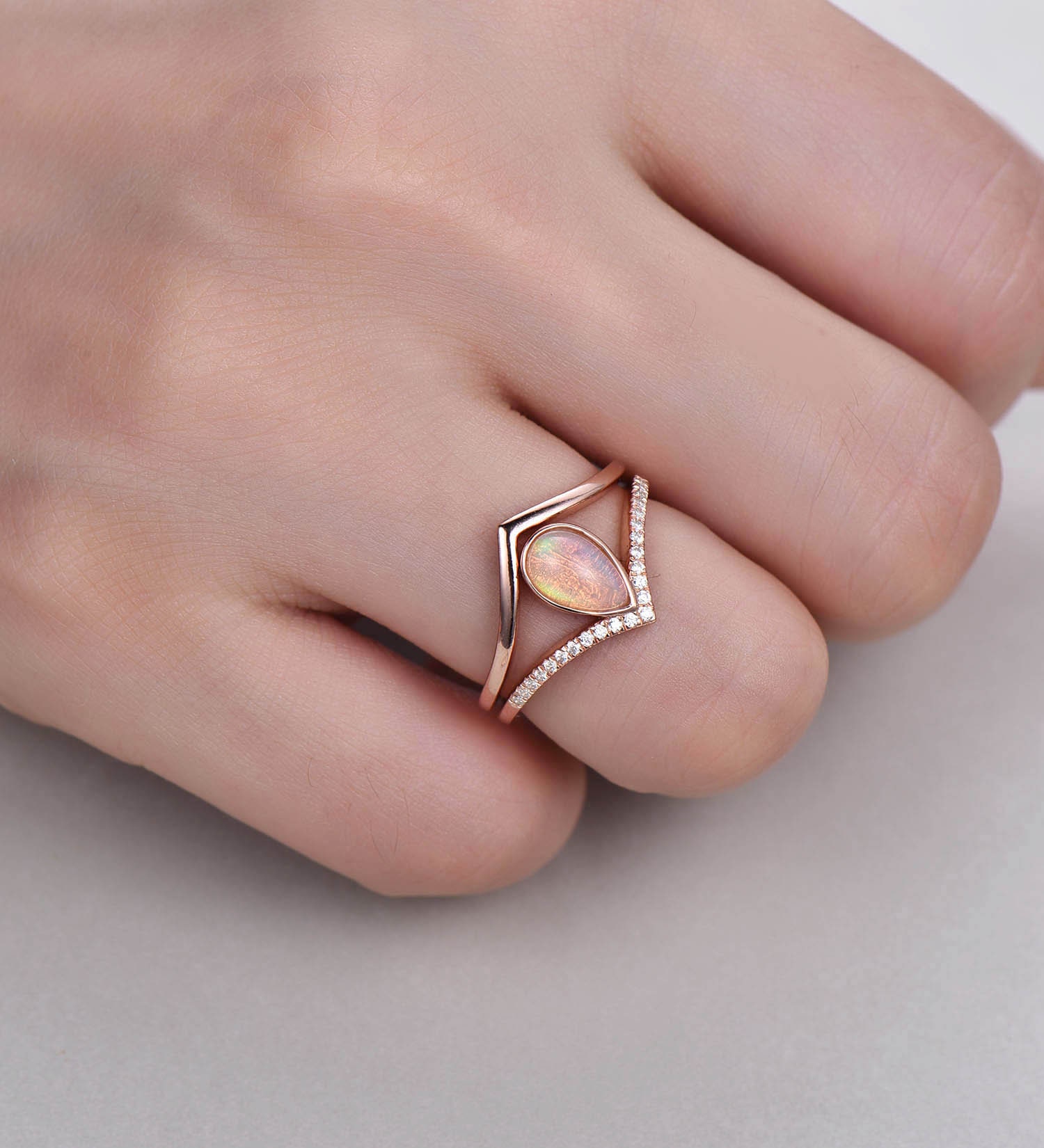 Rose Gold Opal Ring Natural Opal Ring Opal Wedding Ring Set | Etsy