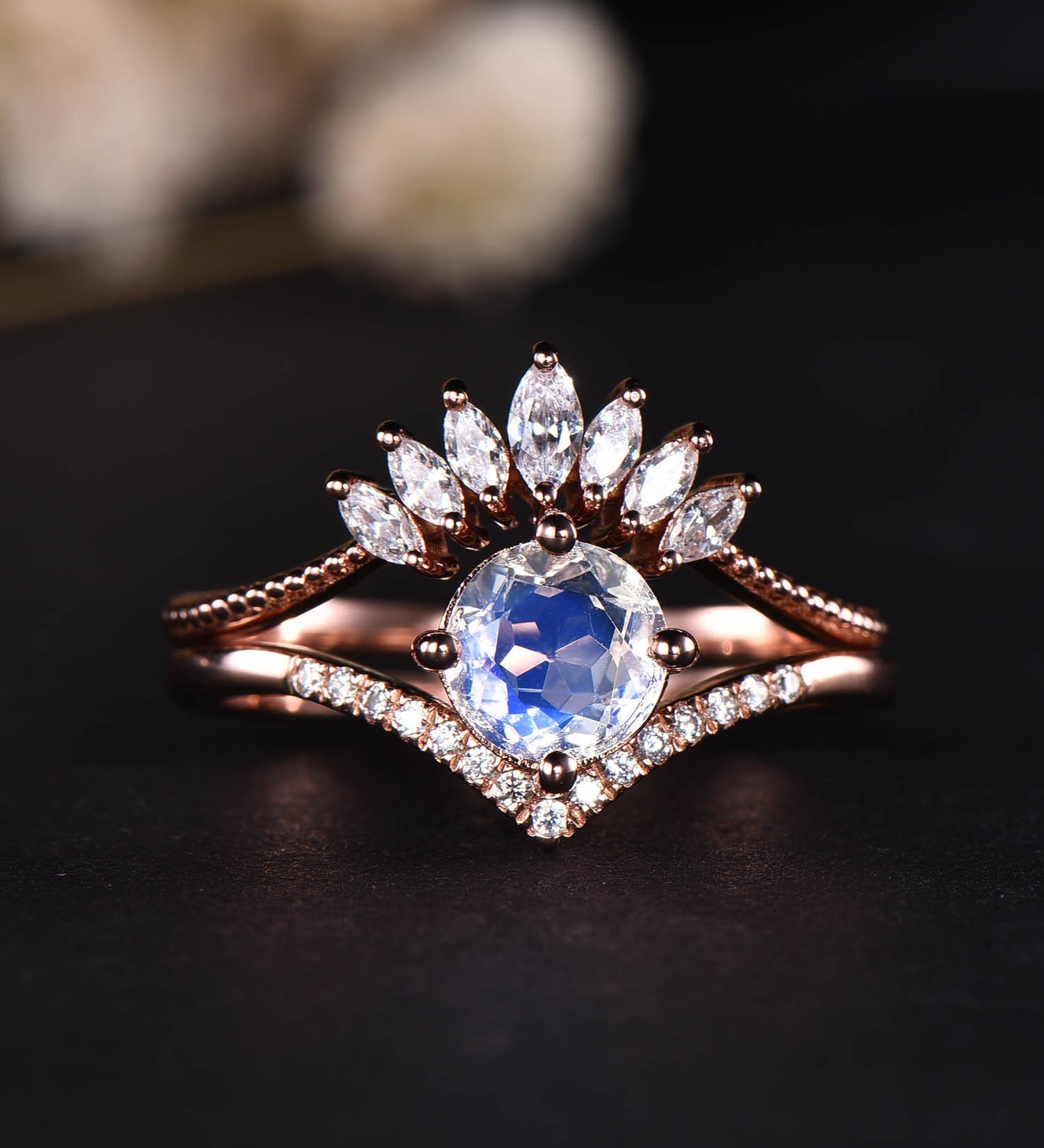 Moonstone Ring Natural Moonstone Wedding Set Vintage | Etsy