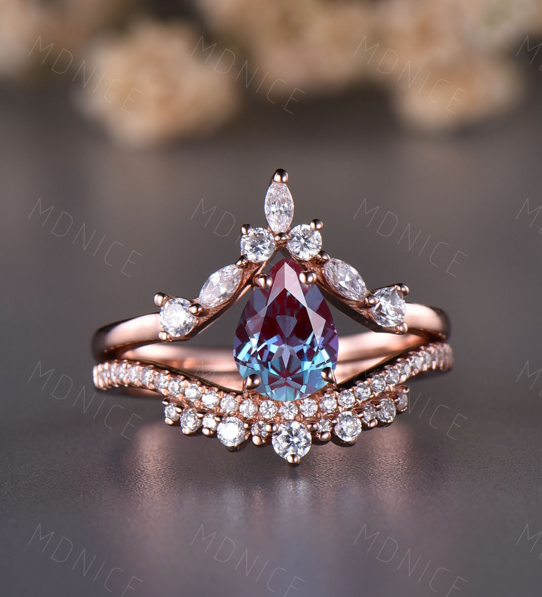 Vintage Alexandrite Ring, Pear Shaped Alexandrite Engagement Ring Set ...