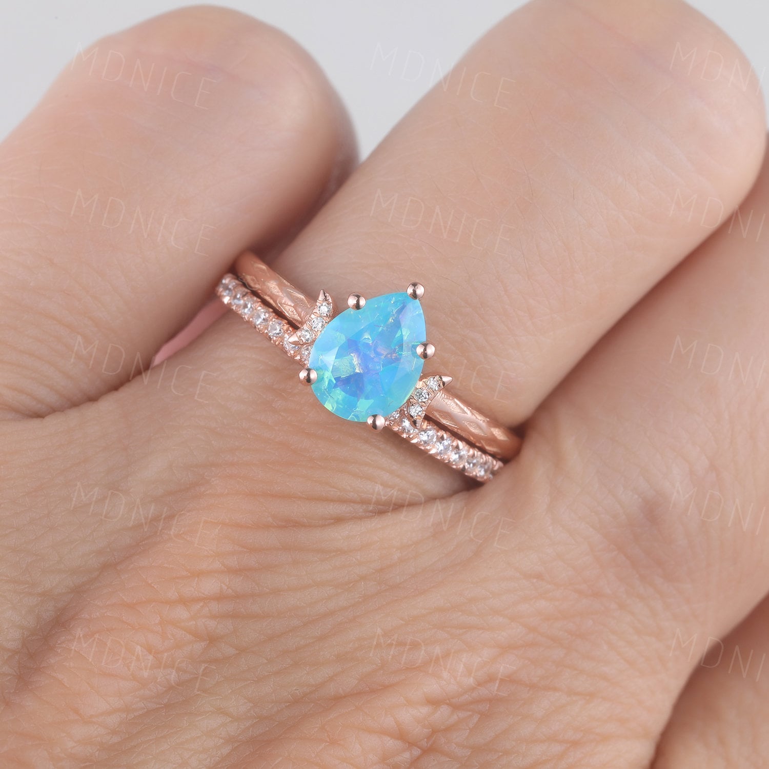 Opal Wedding Ring Set Blue Opal Engagement Ring Rose Gold Etsy