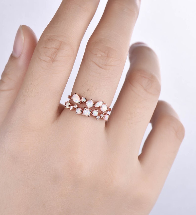 Opal Wedding Ring Set Opal Stacking Rings Rose Gold Opal - Etsy