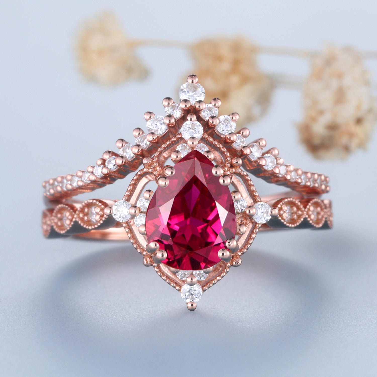 Ruby Ring July Birthstone Vintage Ruby Wedding Ring Set - Etsy