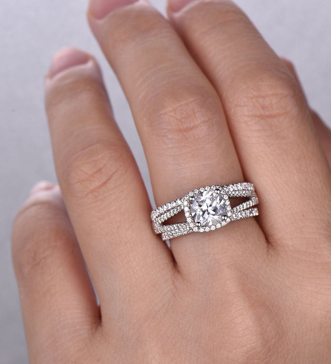 3PCS Wedding Set Split Shank Diamond Simulated Engagement Ring - Etsy