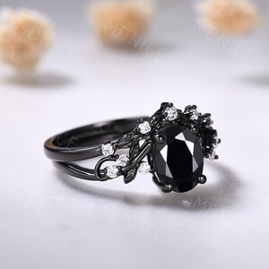 Rhodium Black Gold Oval Onyx Bridal Set, Witchy Black Onyx Vine Promise Wedding Ring Women, Punk ...