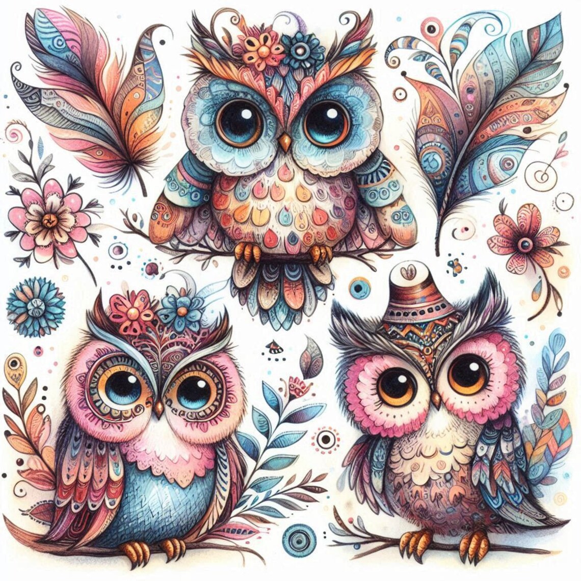 11 Colorful Owls, Brightly Colored, Birds, Twinkie Moon Creates - Etsy