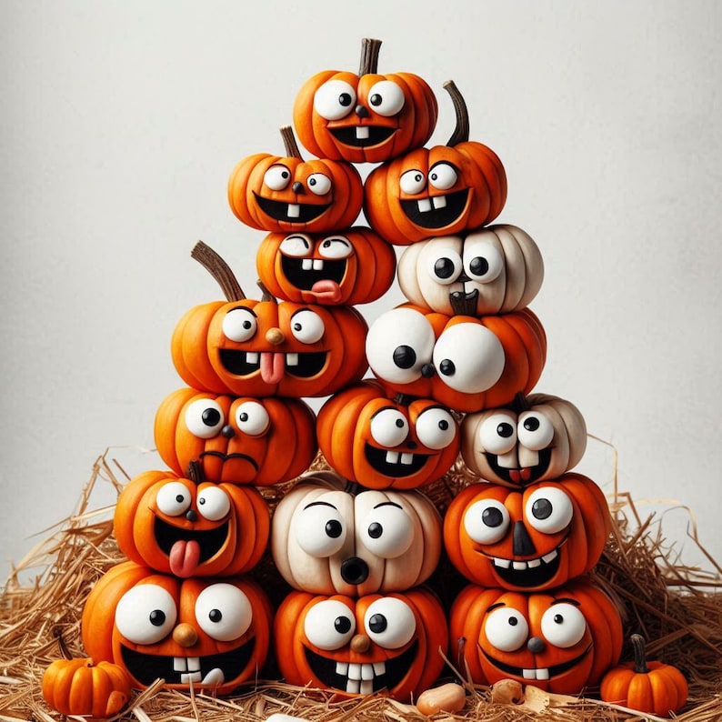 8 Silly Pumpkins in a Stack, Cute Little Faces, Fall Decor, Twinkie ...
