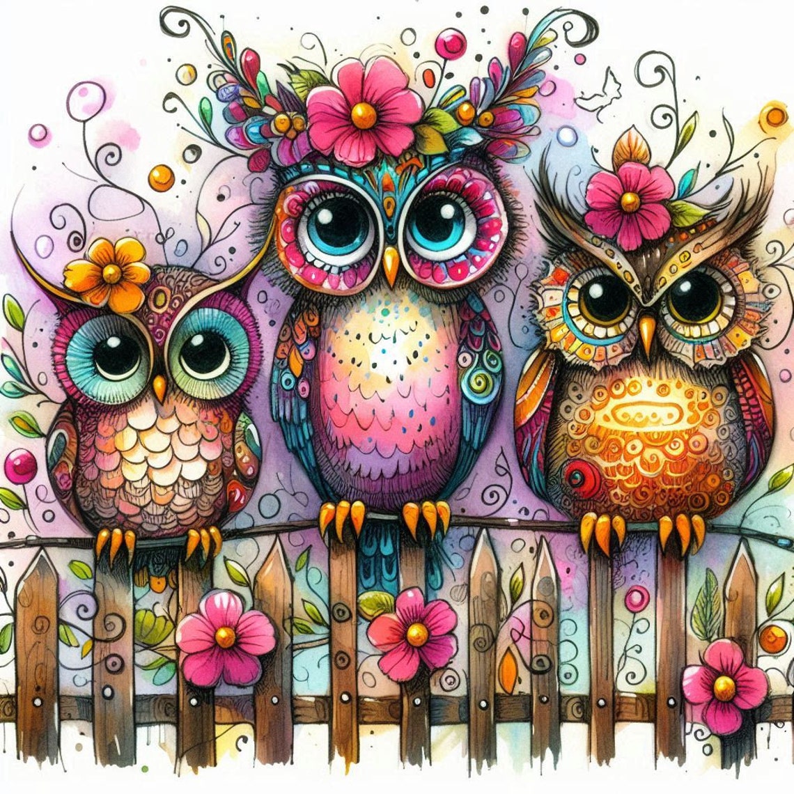 11 Colorful Owls, Brightly Colored, Birds, Twinkie Moon Creates - Etsy
