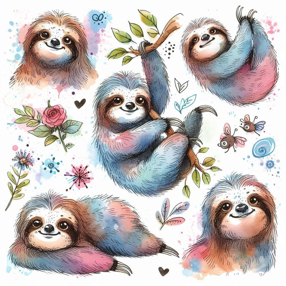 8 Little Sloths, Cute and Hanging on a Tree, Twinkie Moon - Etsy