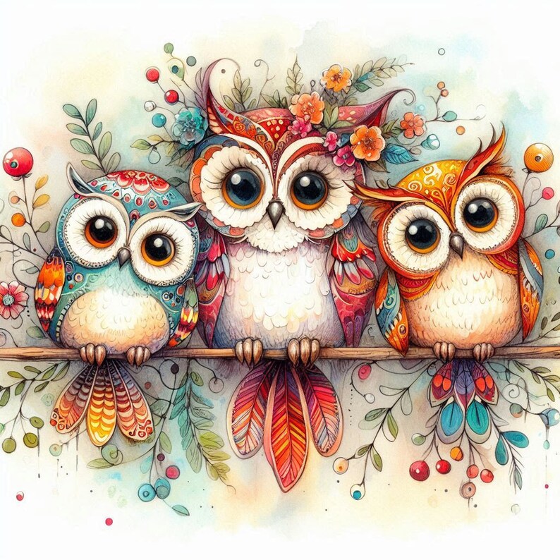 11 Colorful Owls, Brightly Colored, Birds, Twinkie Moon Creates - Etsy