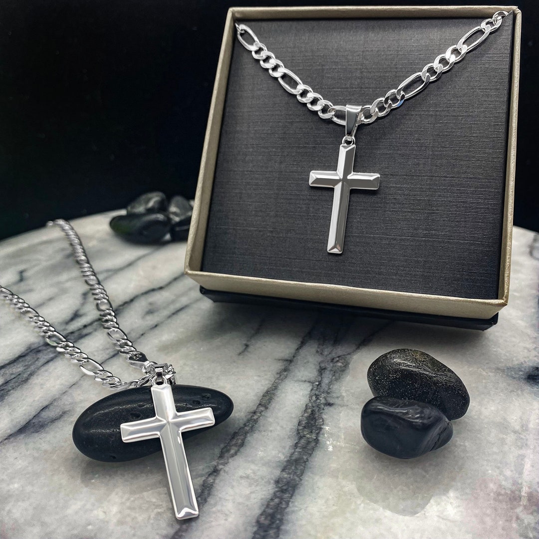 Mens Cross Necklace and Figaro Chain, Solid Sterling Silver 925, Domed ...