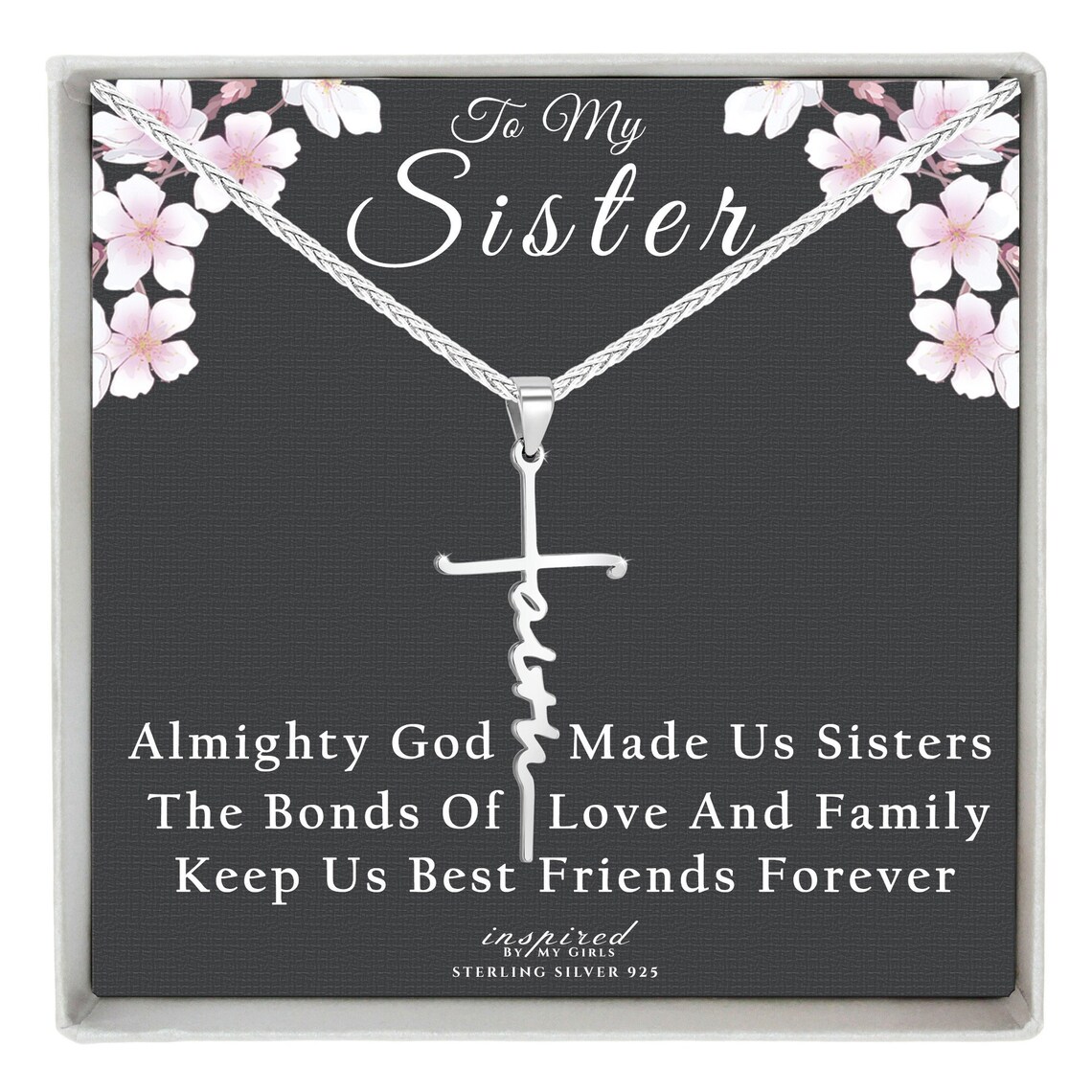 Sterling Silver Sister Faith Cross Necklace, Adjustable Chain, Optional ...