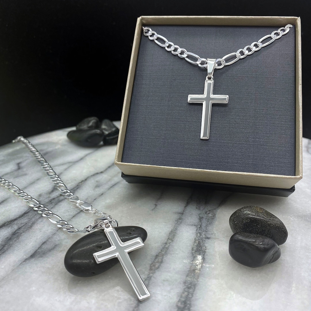 Mens Cross Necklace With Figaro Chain, Solid Sterling Silver ...