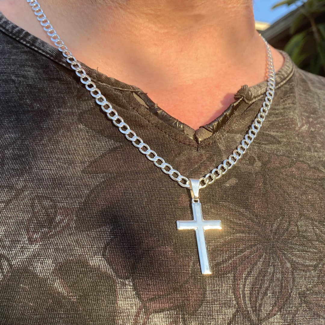 Sterling Silver Mens Cross Necklace, Sterling Silver Curb Chain, Boys ...