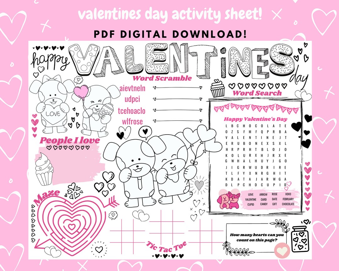Valentine's Day Placemat, Coloring Sheet, Activity Page, Word Search ...