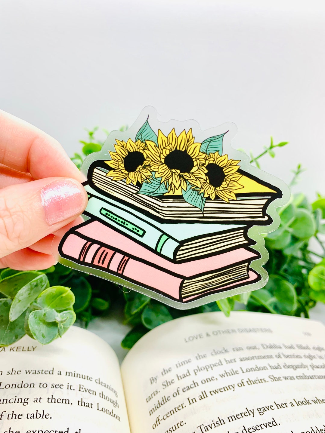 Bookish Vinyl Sticker, Stack of Books Decal, Floral Sunflowers, Clear ...
