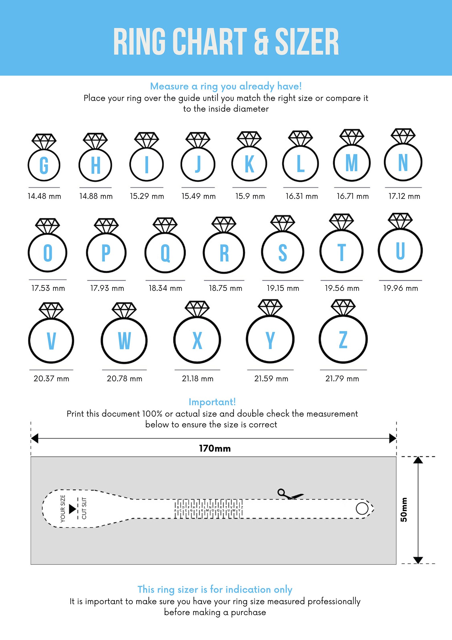 Ring Size Chart | Ring Sizer | Printable Ring Size Finder | Printable ...