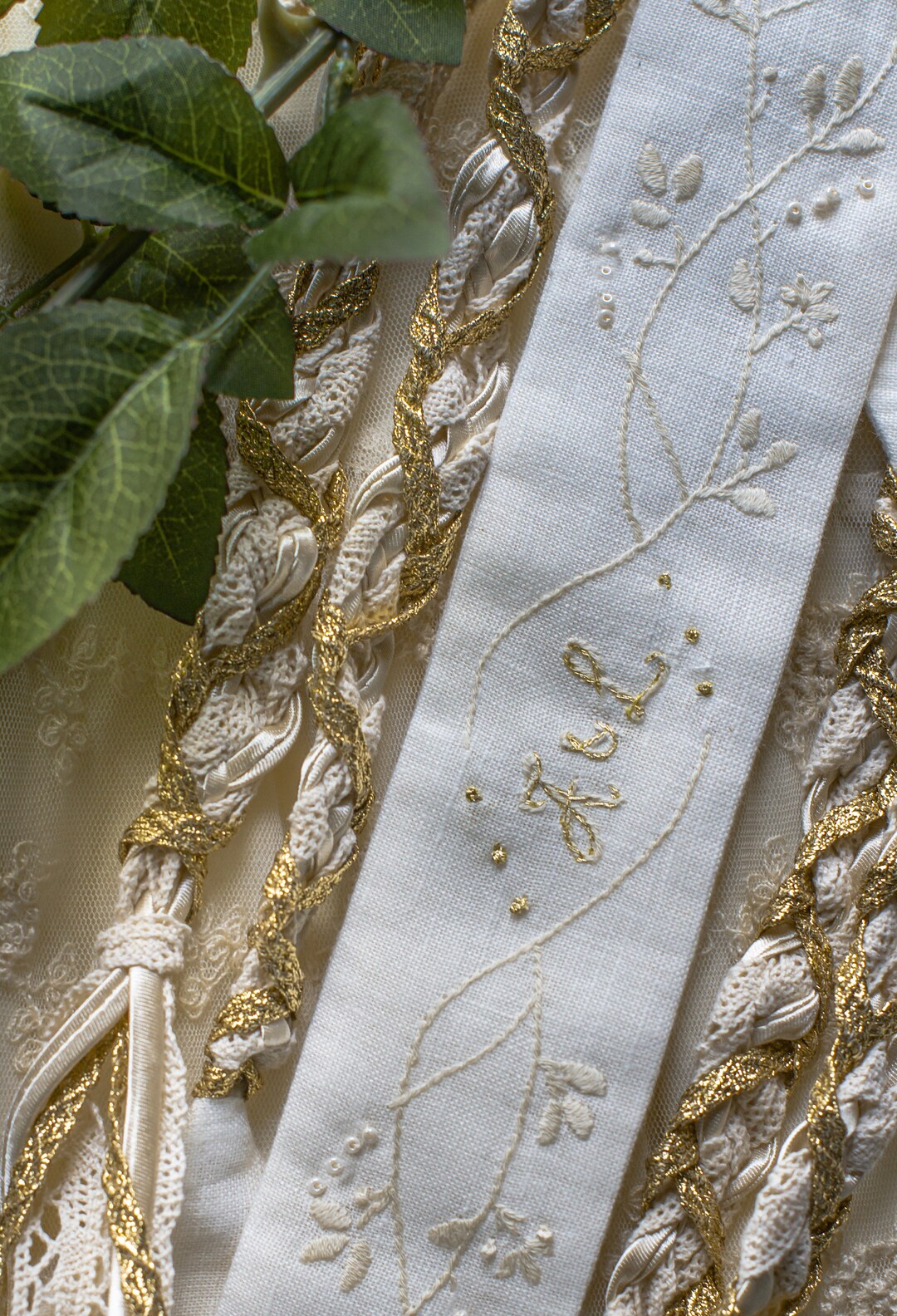 Handfasting Cord Ivory & Gold Long Floral Hand Embroidered Pagan ...