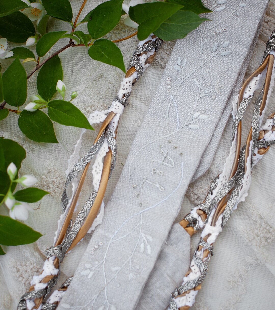 Natural Beige & Silver Short Hand Embroidered Handfasting Cord | Pagan ...