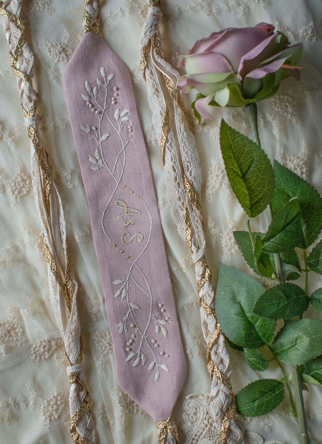 Light Pink & Gold Short Hand Embroidered Handfasting Cord | Pagan ...