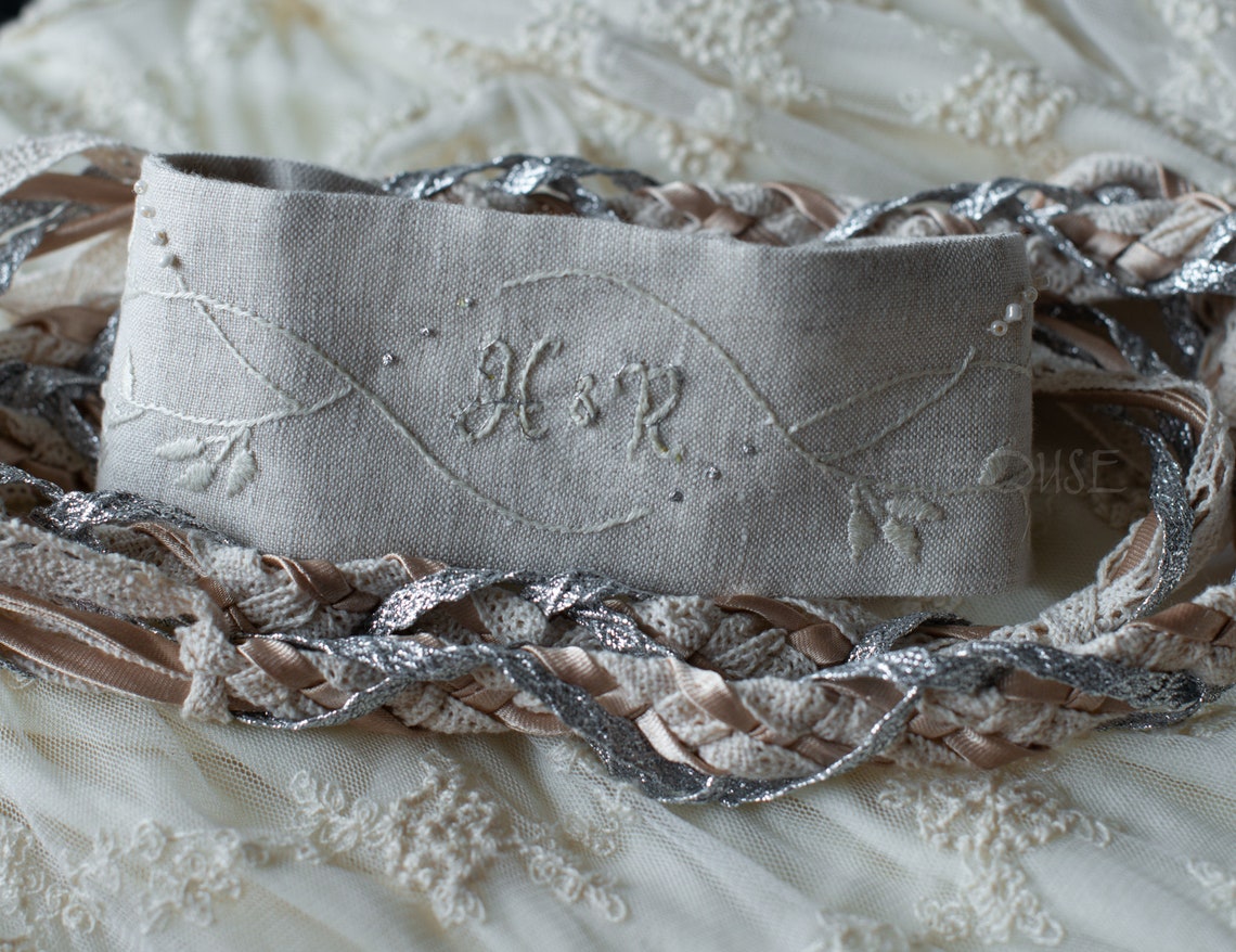 Natural Beige & Silver Short Hand Embroidered Handfasting Cord | Pagan ...