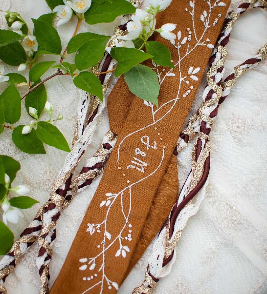Ochra & Gold Long Hand Embroidered Handfasting Cord | Pagan | Wedding ...